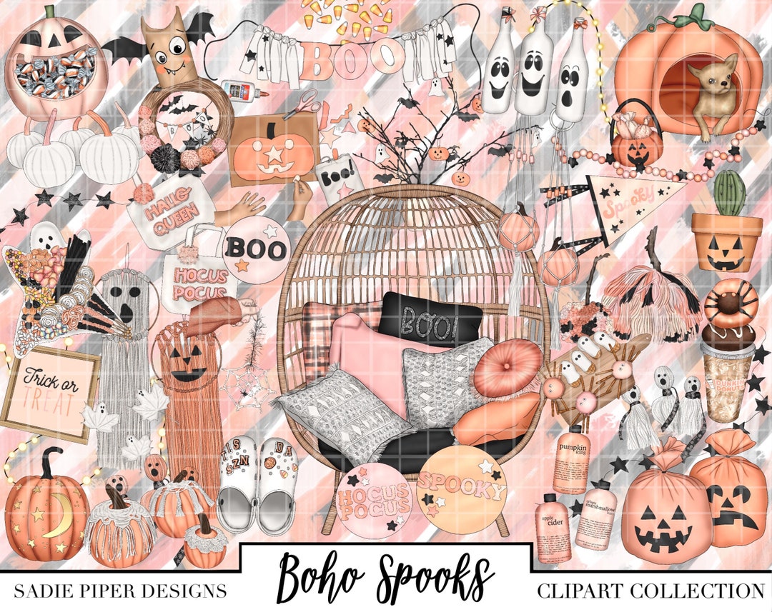 PASTEL BOHO SPOOKS Clipart, Boho Halloween Clipart, Modern Halloween ...