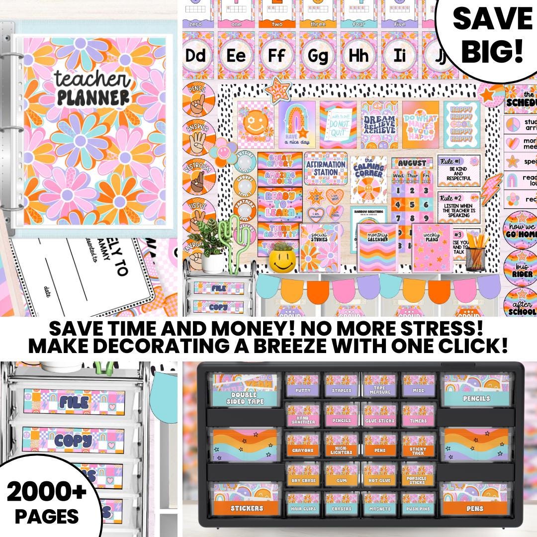 Retro Groovy Y2K Classroom Decor MEGA Bundle, Rainbow Bright Classroom ...