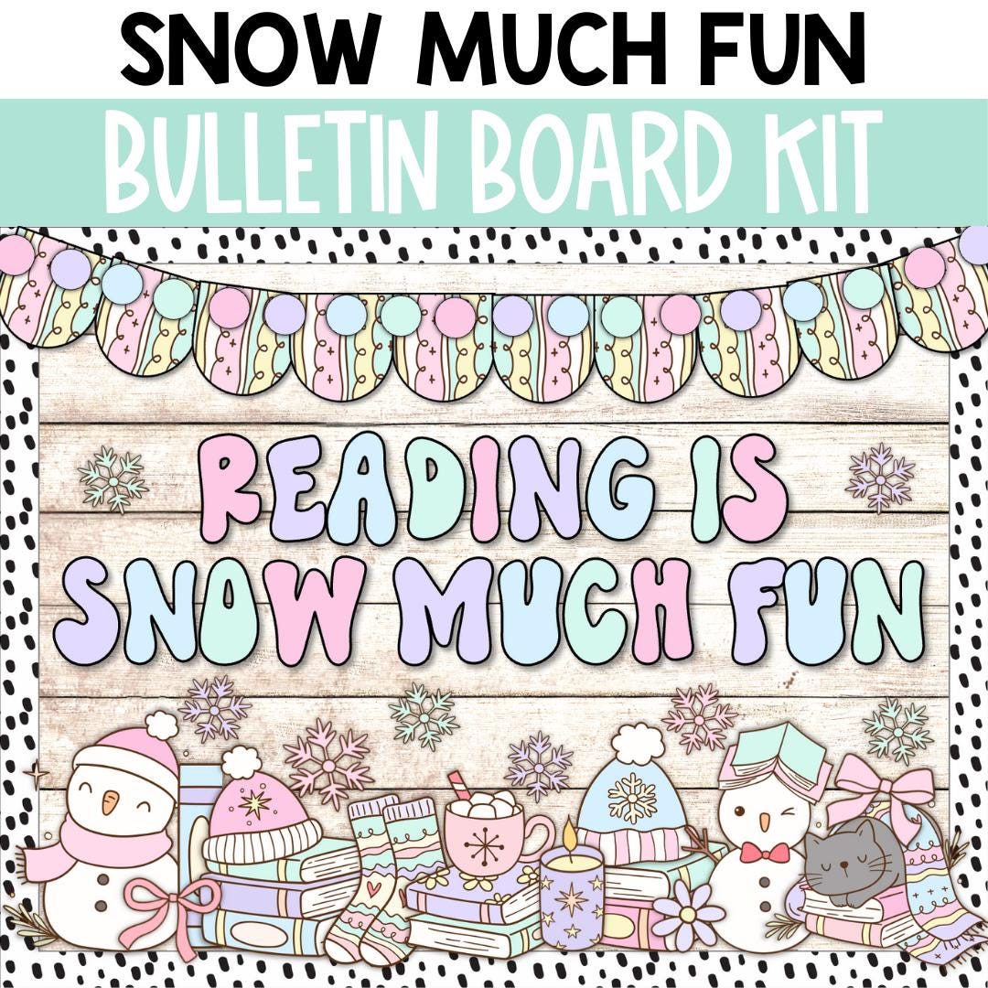 Cute Pastel Winter Bulletin Board Decor, Retro Book Lover Snowy ...