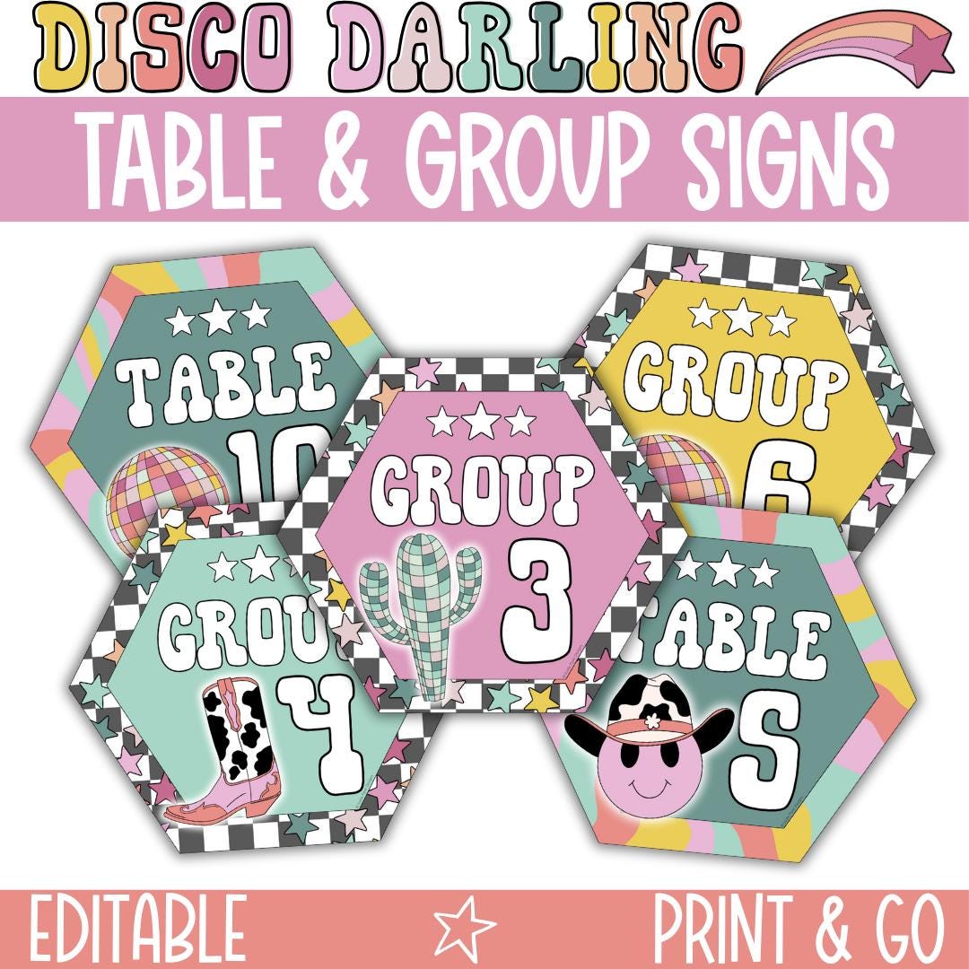 Disco Cowgirl Editable Group and Table Signs, Retro Classroom ...