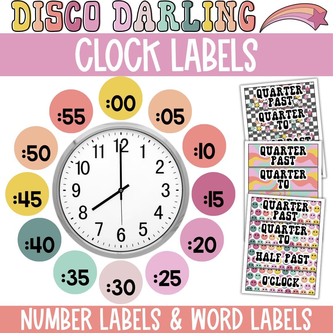 Disco Cowgirl Clock Labels for Classroom, Analog Time Cards, Digital ...