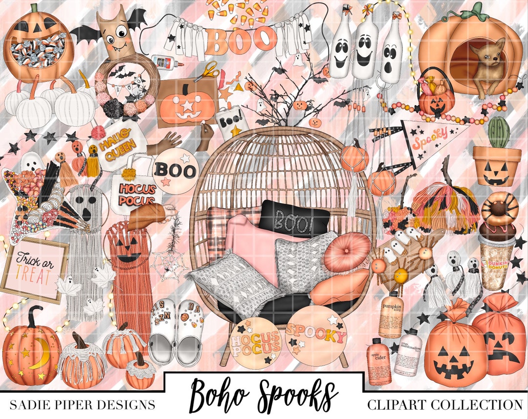 BOHO SPOOKS Clipart, Boho Halloween Clipart, Modern Halloween, Bohemian ...