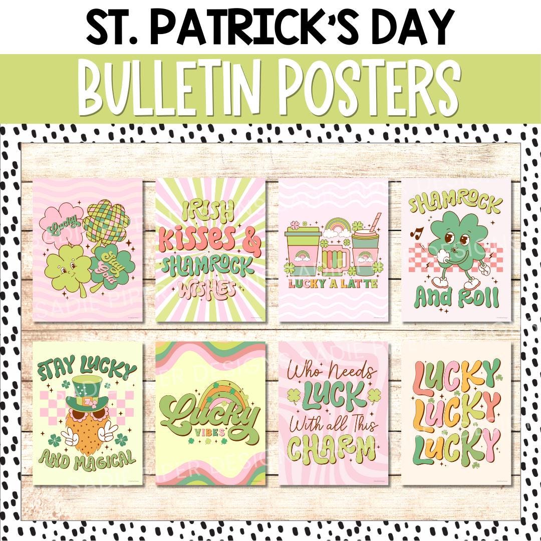 Retro Groovy St. Patrick's Day Bulletin Board Posters, Green Pink ...
