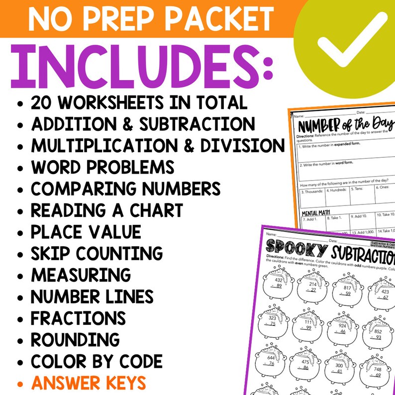 Halloween Math Worksheets for 3rd Grade, NO PREP 3rd Grade Fall Math ...