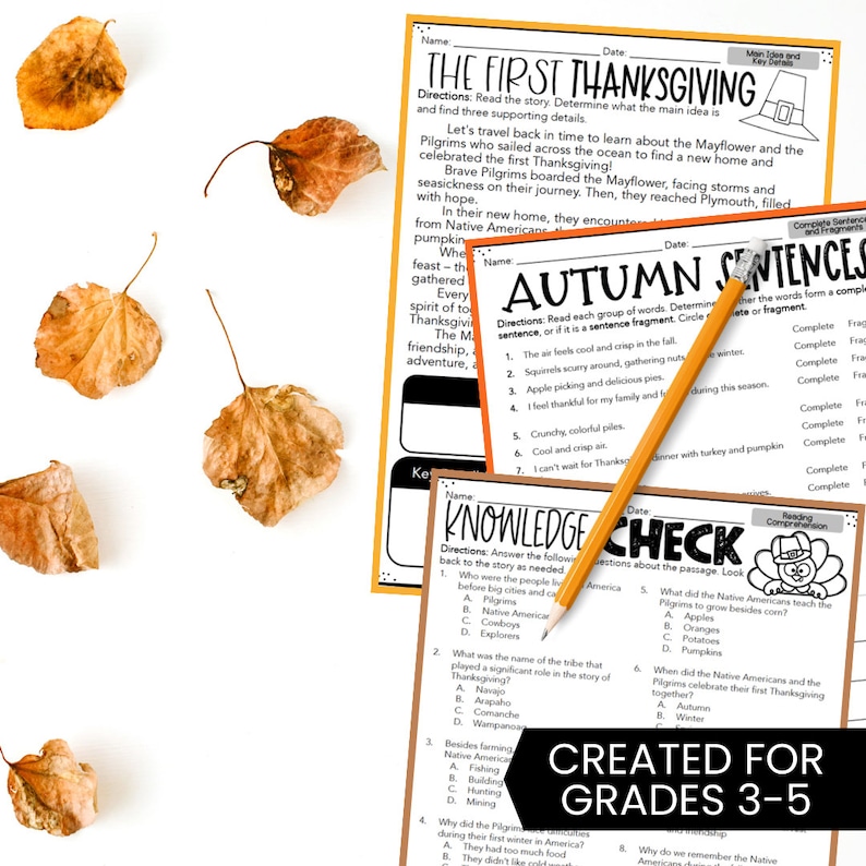 Fall Literacy Worksheets for 3rd Grade, NO PREP 3rd Grade Fall Language ...