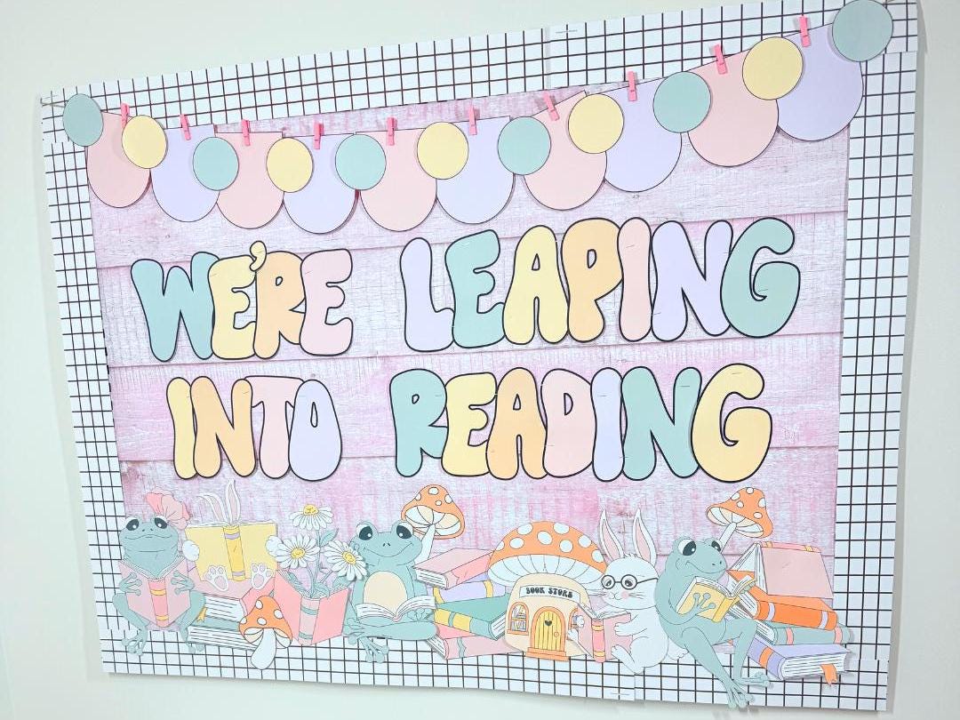 Frog Reading Bulletin Board Pastel Spring Classroom Decor Vintage 70s ...