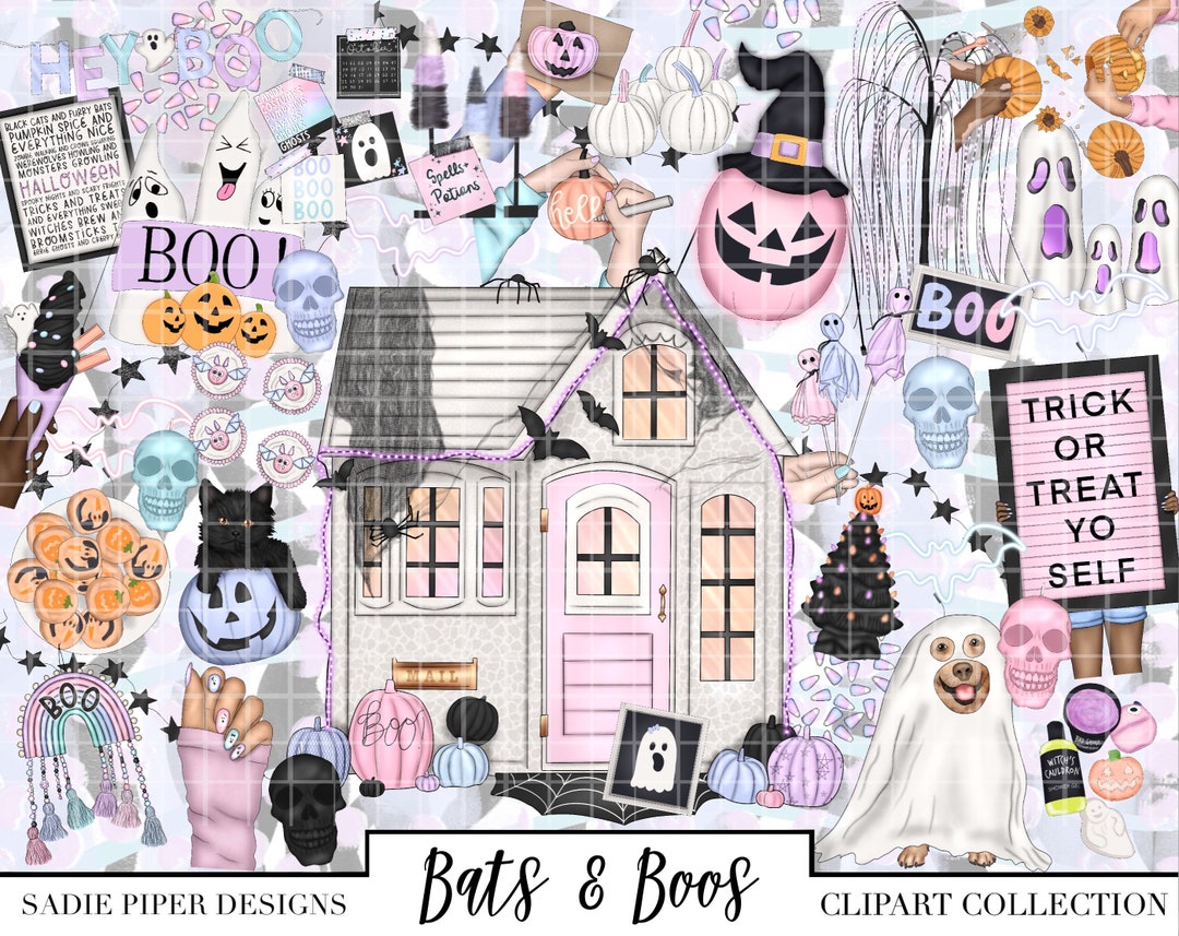 BATS & BOOS Clipart, Pastel Halloween Clipart, Modern Halloween, Purple ...