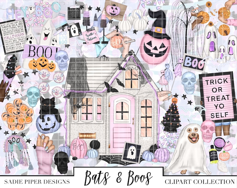 BATS & BOOS Clipart, Pastel Halloween Clipart, Modern Halloween, Purple ...
