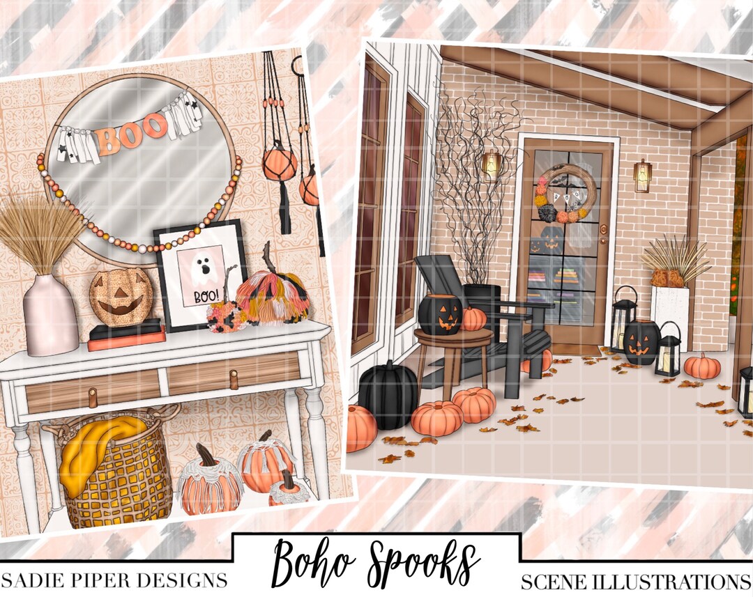 BOHO SPOOKS Scenes, Halloween Scenery, Clipart for Planner Stickers ...