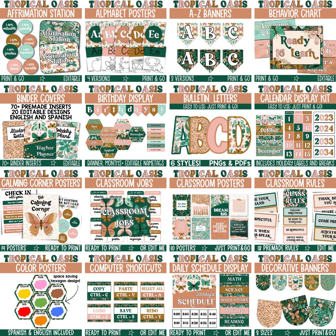 Printable Tropical Classroom Decor Set, Plant Themed Classroom ...