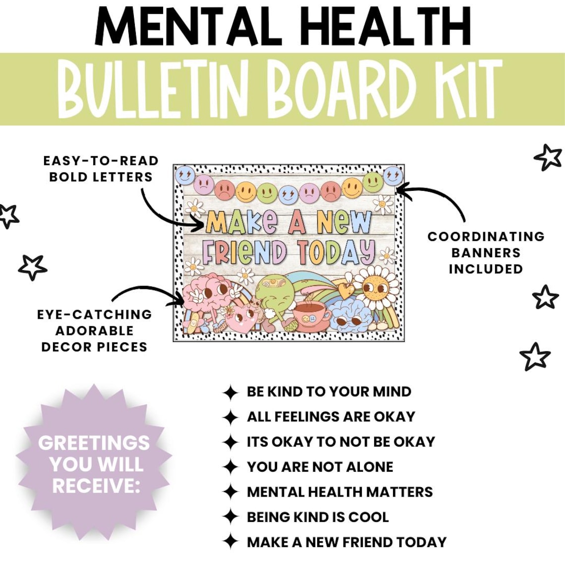 Retro Groovy Mental Health Awareness Bulletin Board Kit, Kindness ...