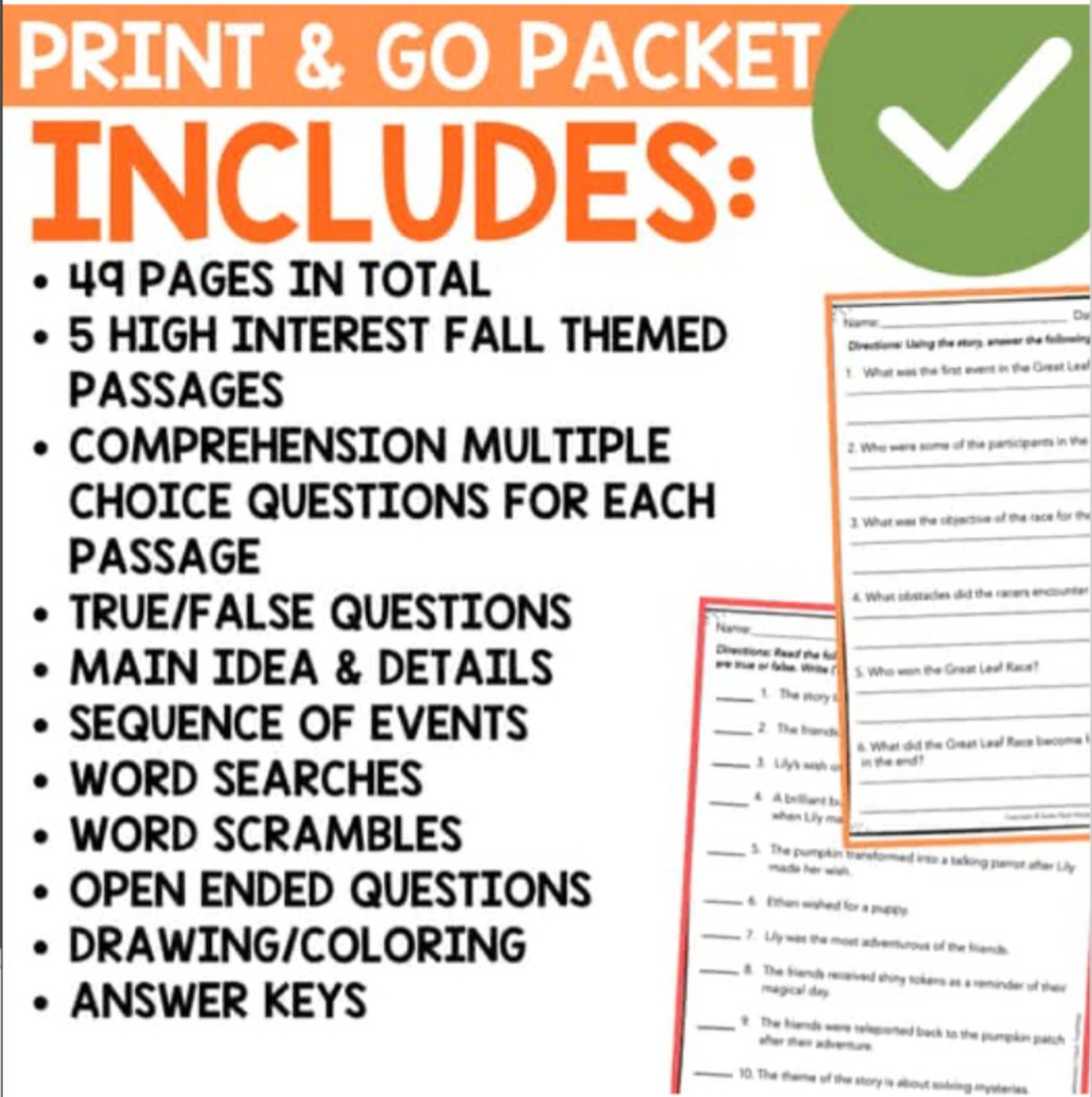 Fall Reading Comprehension Packet, 4th Grade Reading Activities ...