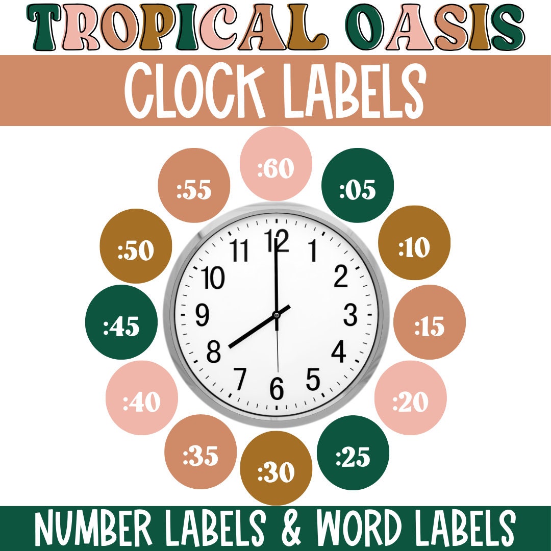 Tropical Clock Labels for Classroom, Analog Time Cards, Digital Time ...