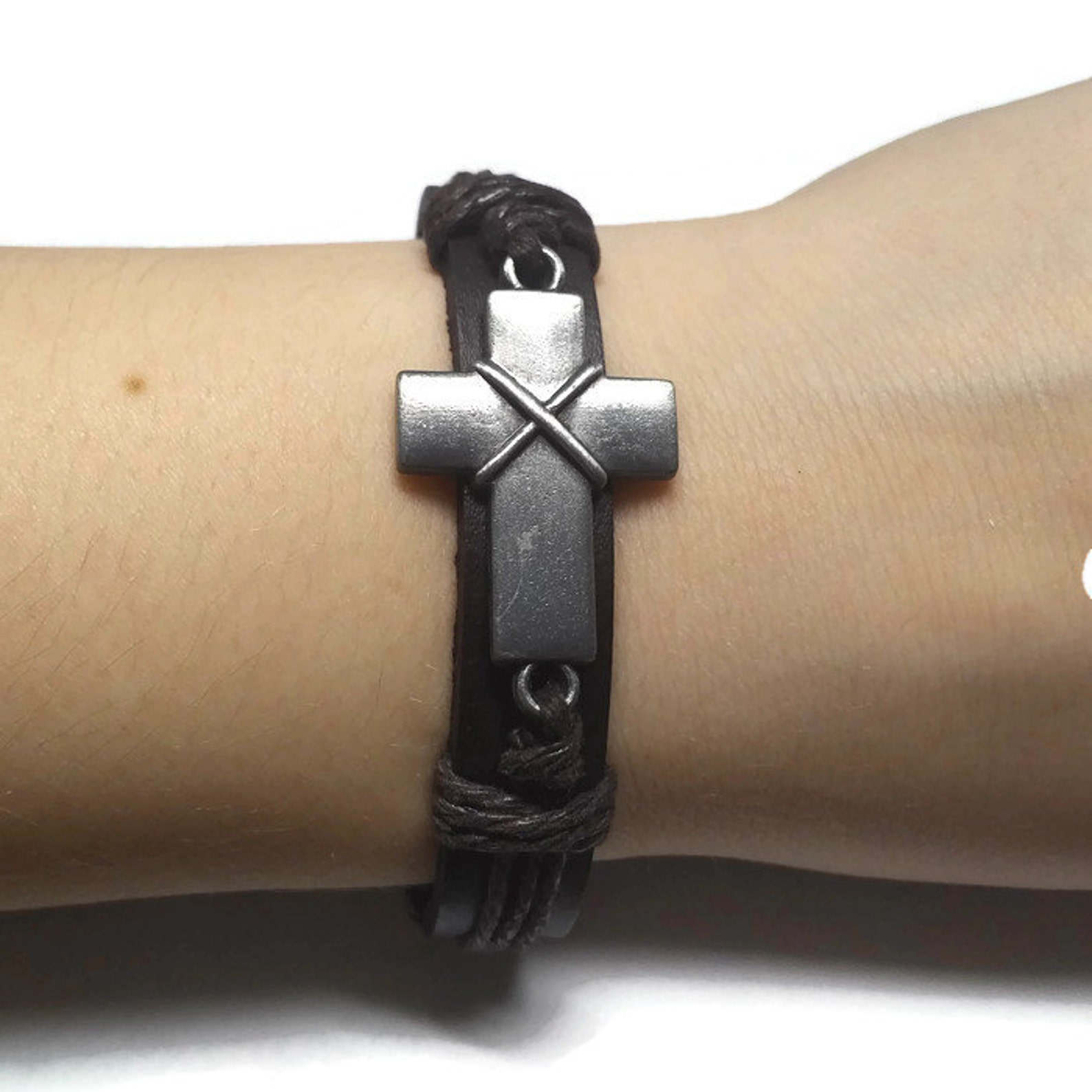 Brown Leather Cross Bracelet Cross Charm Leather Bracelet | Etsy
