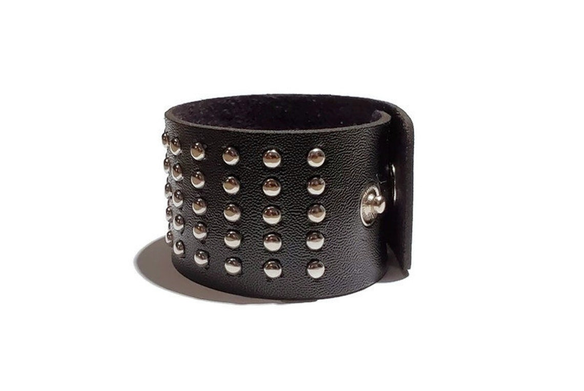 Black Leather Silver Studded Arm Cuff Bracelet Adjustable Mens - Etsy