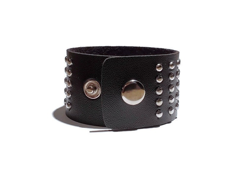 Black Leather Silver Studded Arm Cuff Bracelet Adjustable Mens | Etsy