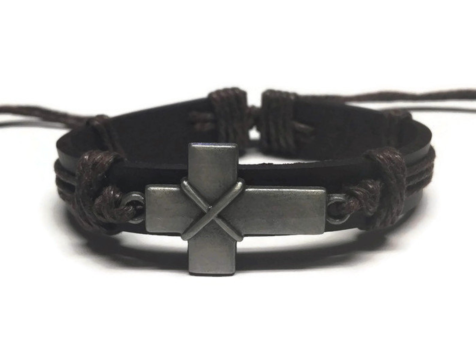 Brown Leather Cross Bracelet Cross Charm Leather Bracelet | Etsy