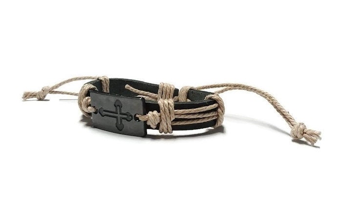 Black Leather Cross Bracelet Cross String Bracelet Gift for | Etsy