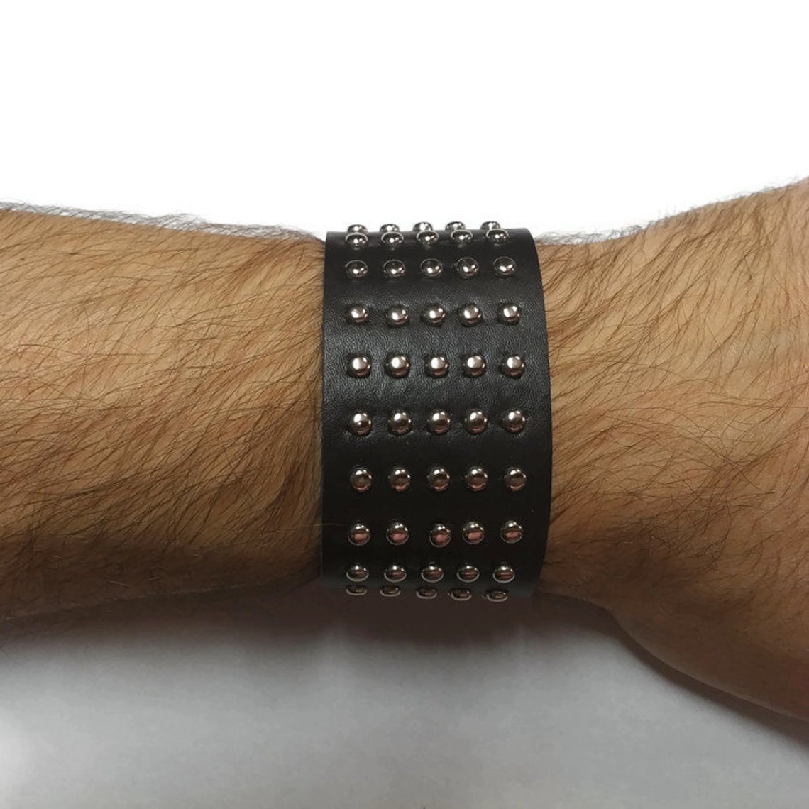 Black Leather Silver Studded Arm Cuff Bracelet Adjustable Mens - Etsy