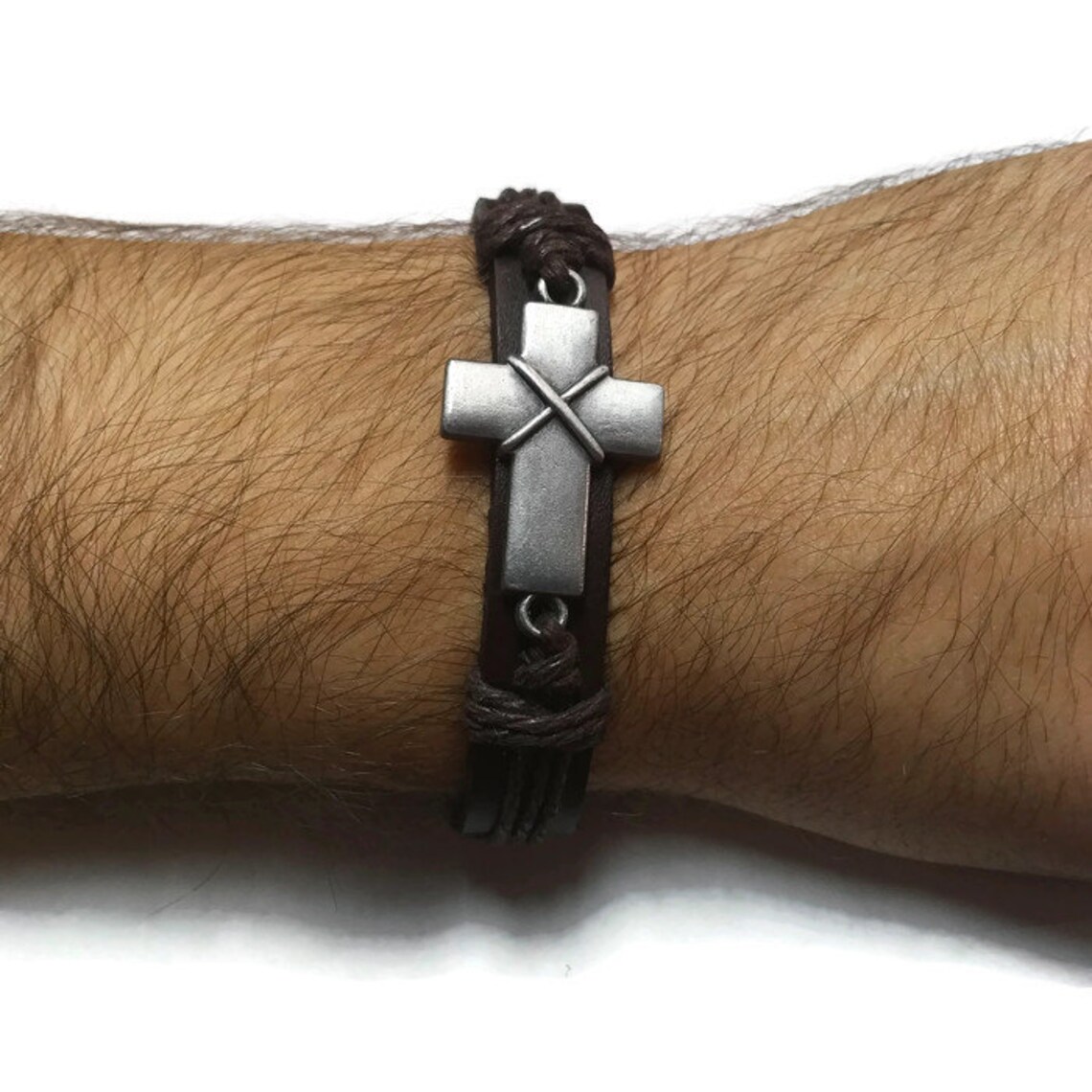 Brown Leather Cross Bracelet Cross Charm Leather Bracelet | Etsy