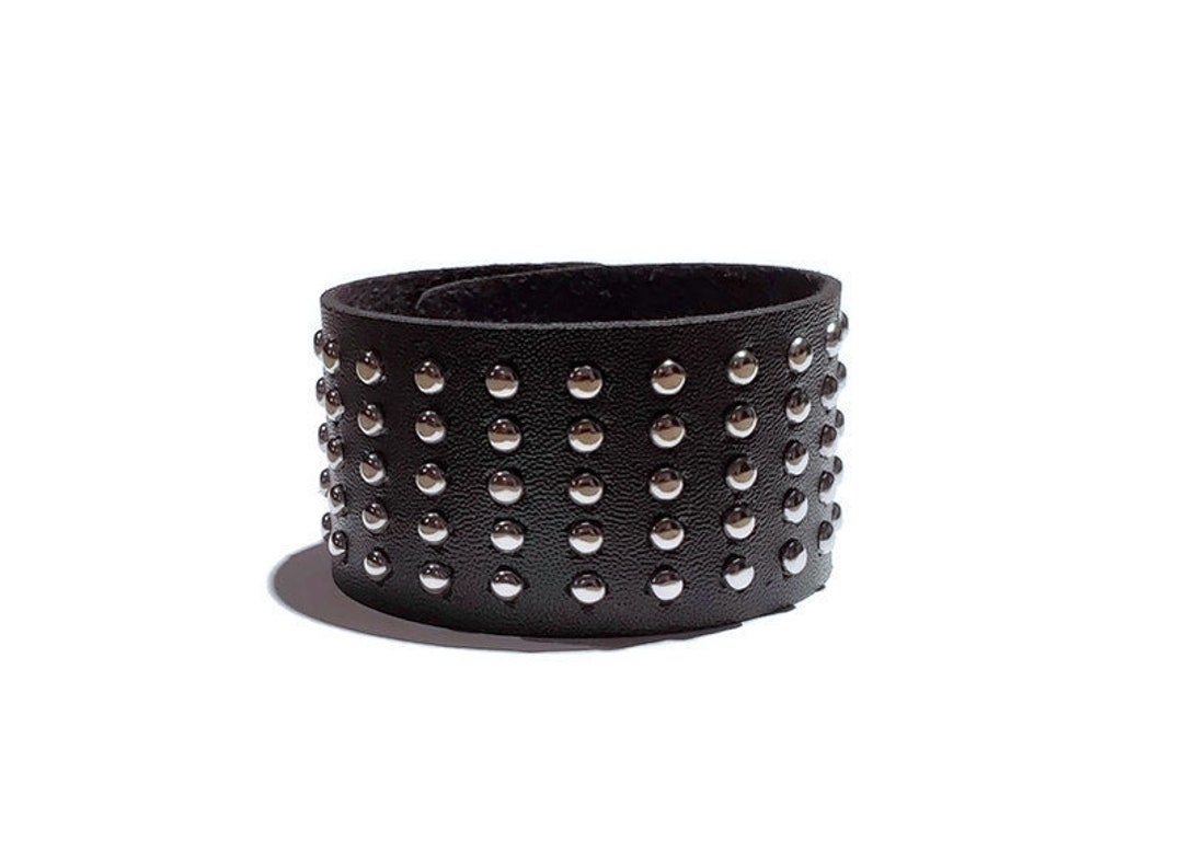 Black Leather Silver Studded Arm Cuff Bracelet Adjustable Mens Womens ...