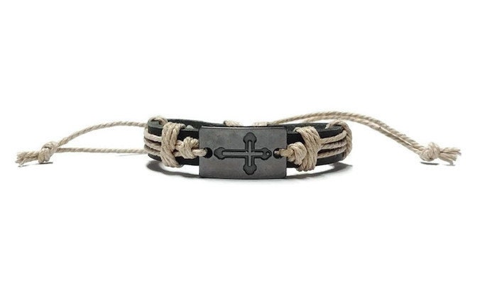 Black Leather Cross Bracelet Cross String Bracelet Gift for | Etsy
