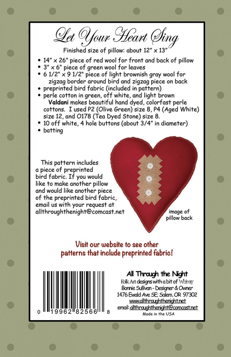 Let Your Heart Sing Pillow Pattern ATN1807 From All Through the Night ...