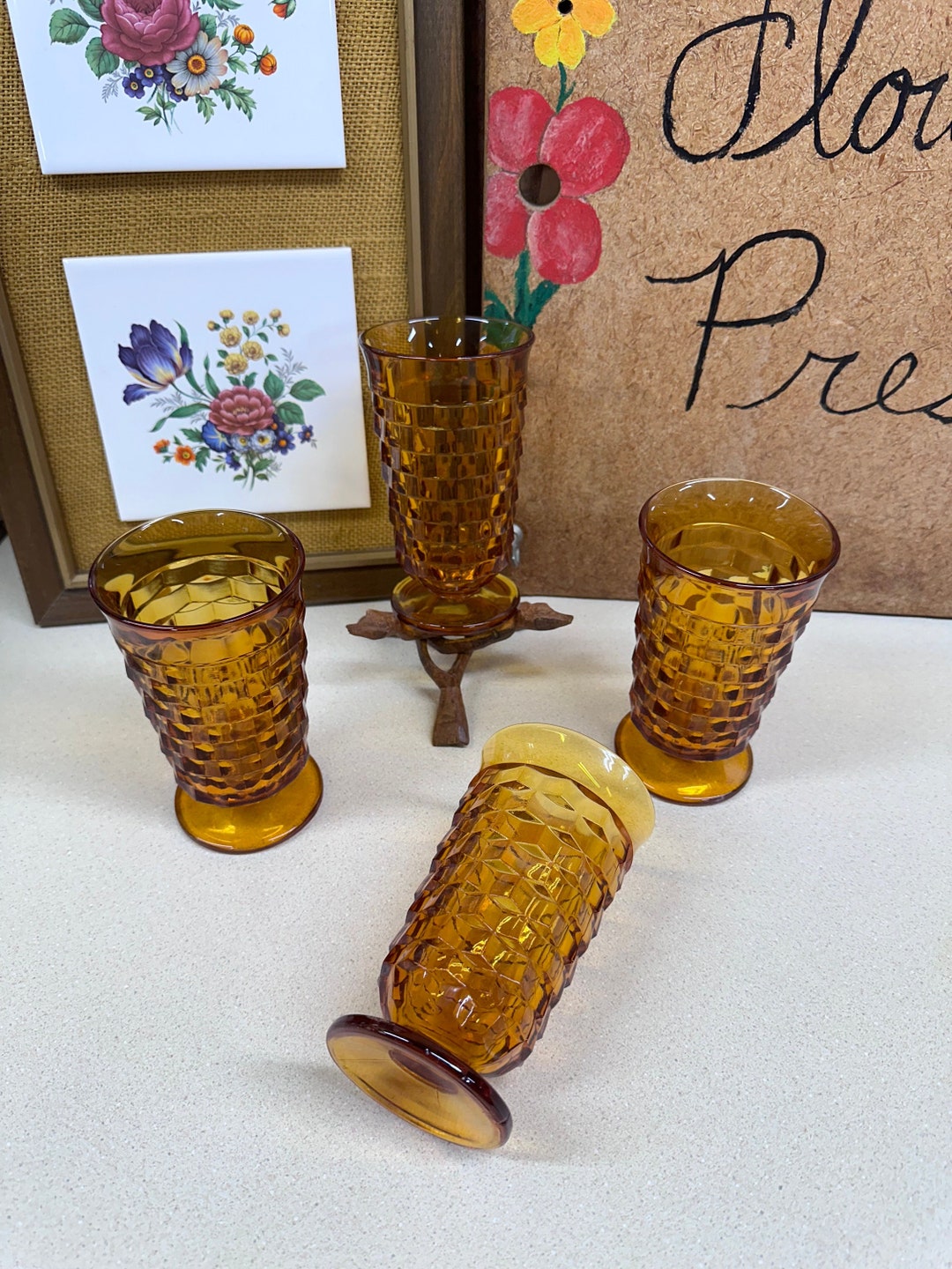 Vintage Whitehall Tumblers/ Drinking Glasses/ Dark Amber/ Cube Tumblers ...