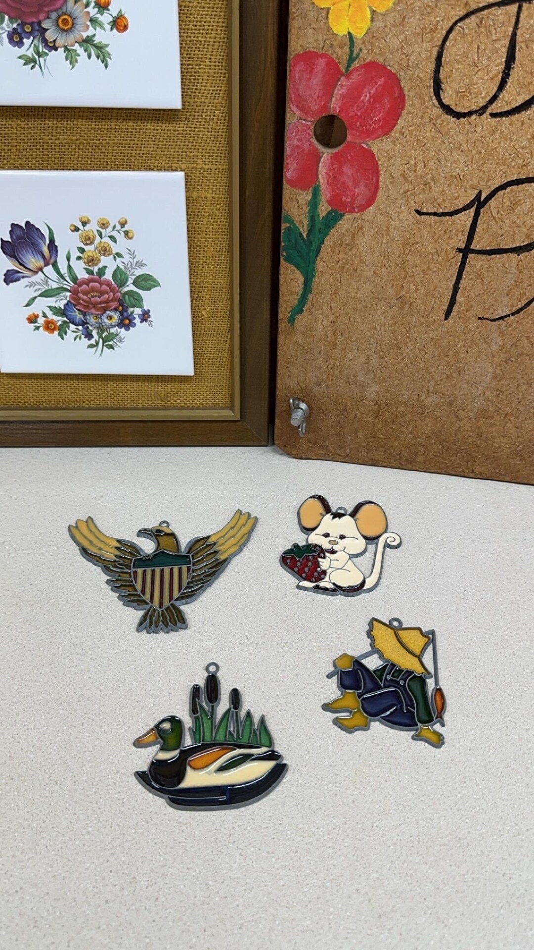 Vintage Sun Catchers Window Clings Eagle Fisherman Mouse Duck ...