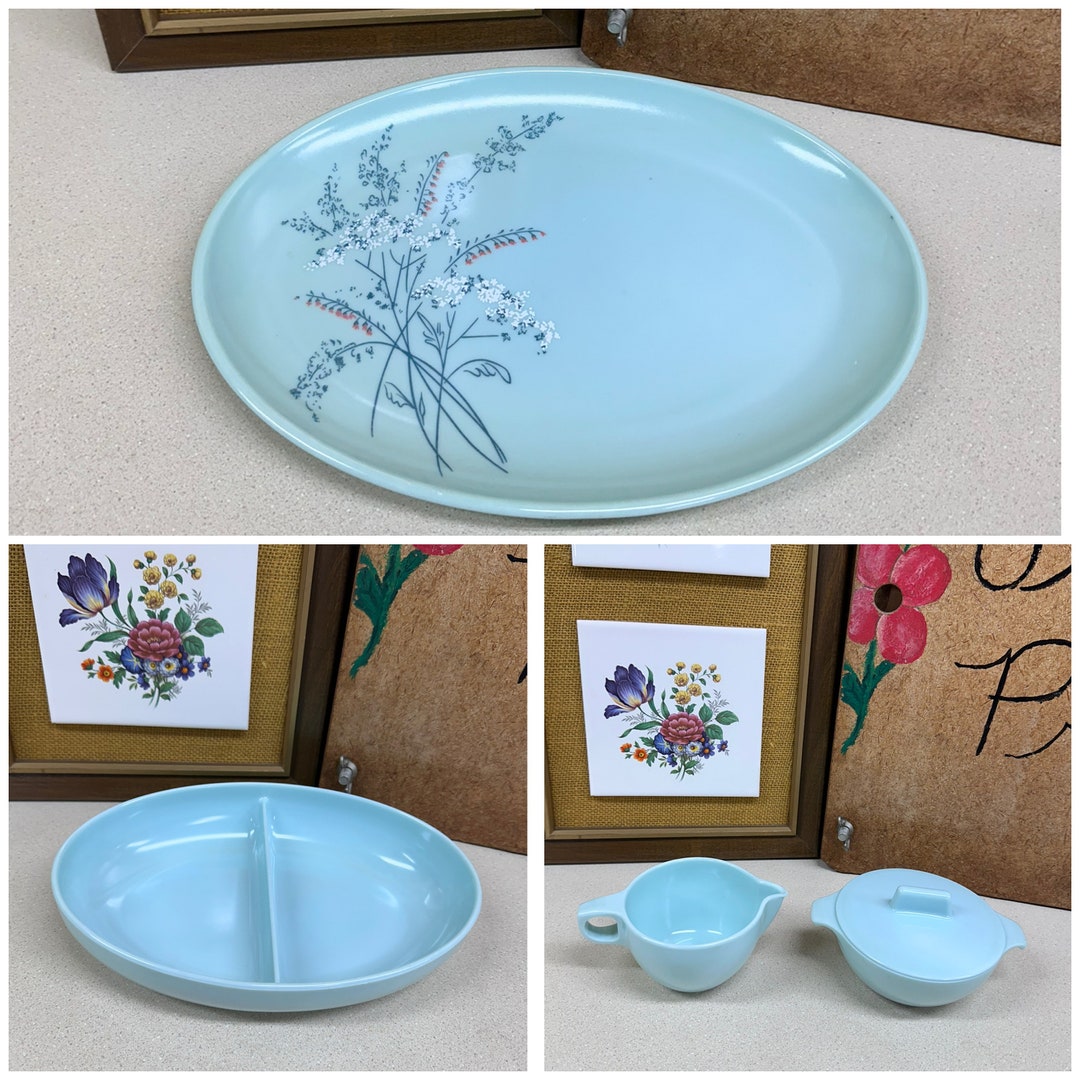 Vintage Platter Cream and Sugar Divided Serving Dish Watertown Lifetime Ware USA Turquoise Hard ...