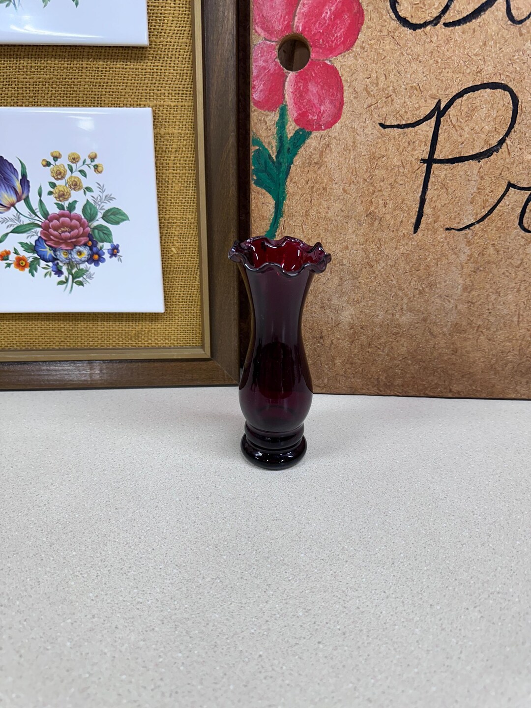 Vintage Vase/ Red Bud Vase/ Flower Shop/ Floral Arrangement/ Red Glass ...