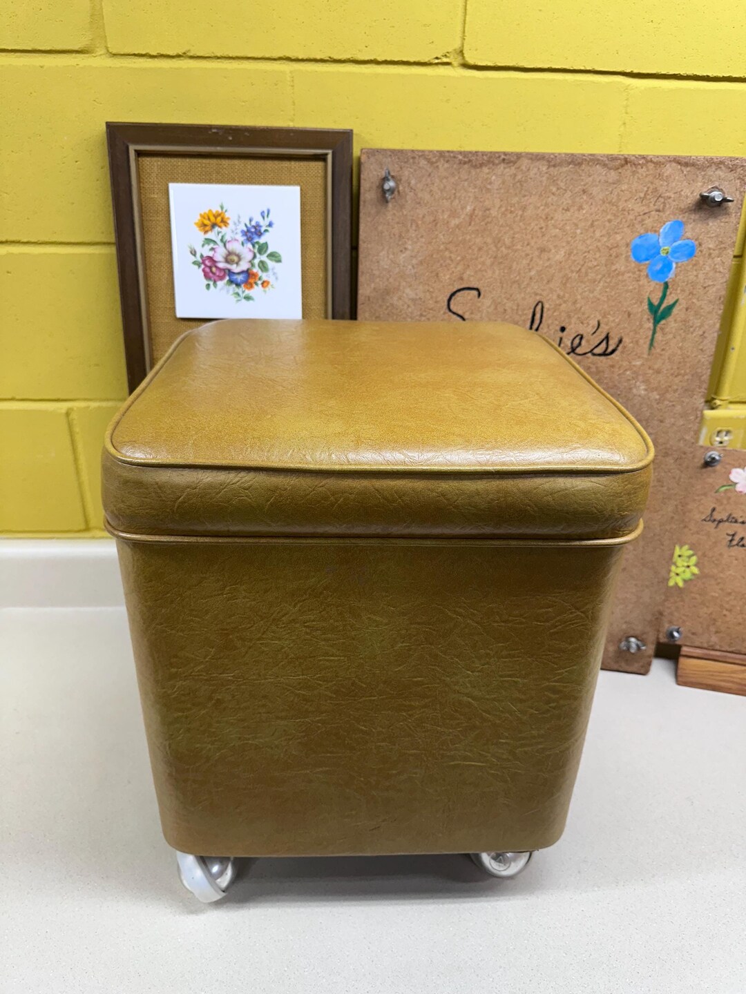 Vintage Ottoman Seamstress Sewing Stool Storage Box Goldenrod Mid ...