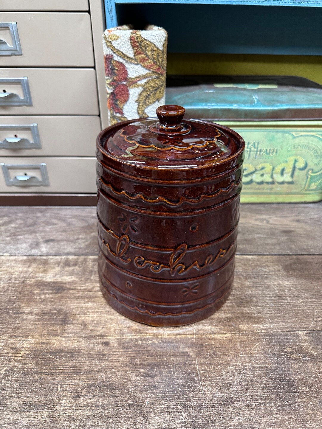 Vintage Cookie Jar Pot With Lid Brown Marcrest Ovenproof Stoneware ...