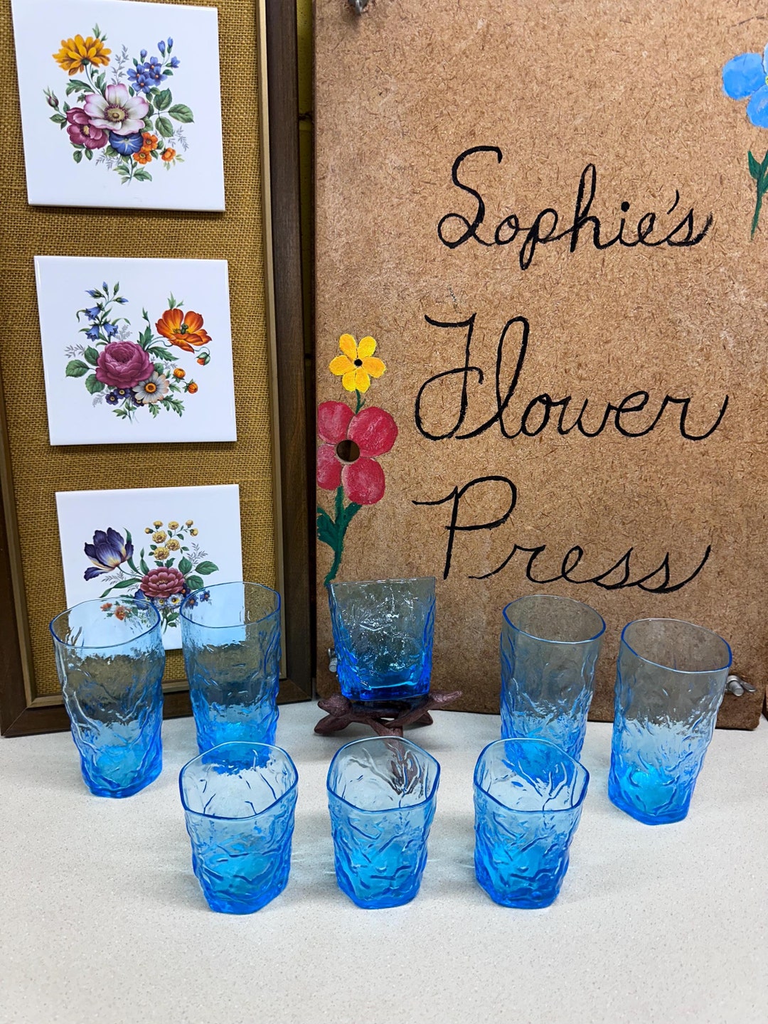 Vintage Tumblers Drinking Glasses Water Glasses Blue Glass Crinkle Lava ...