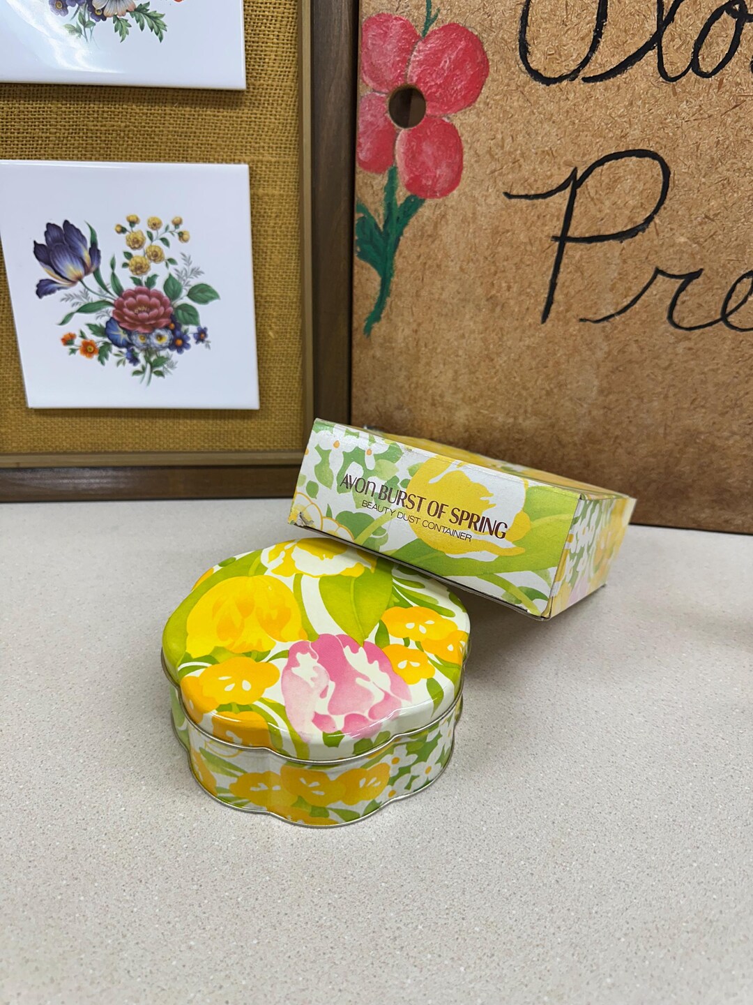 Vintage Avon Tin Can Storage Retro Floral Pattern Yellow Green Pink ...