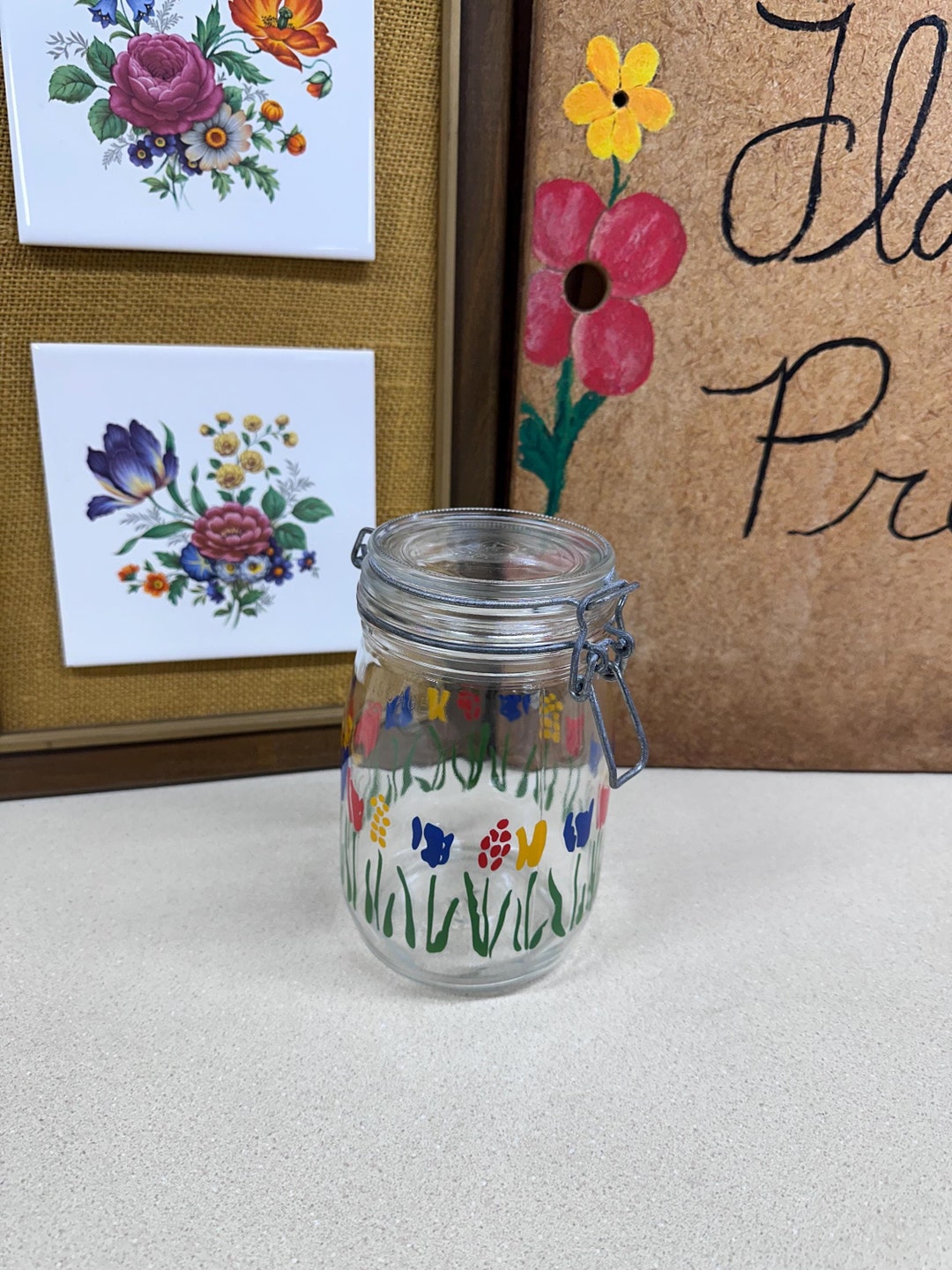 Vintage Jar Canister Retro Kitchen Storage Container Tulips Blue Red ...