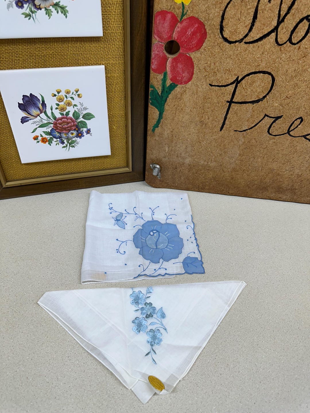 Vintage Hankies Handkerchief Linens Set of 2 Floral Blue All Cotton ...