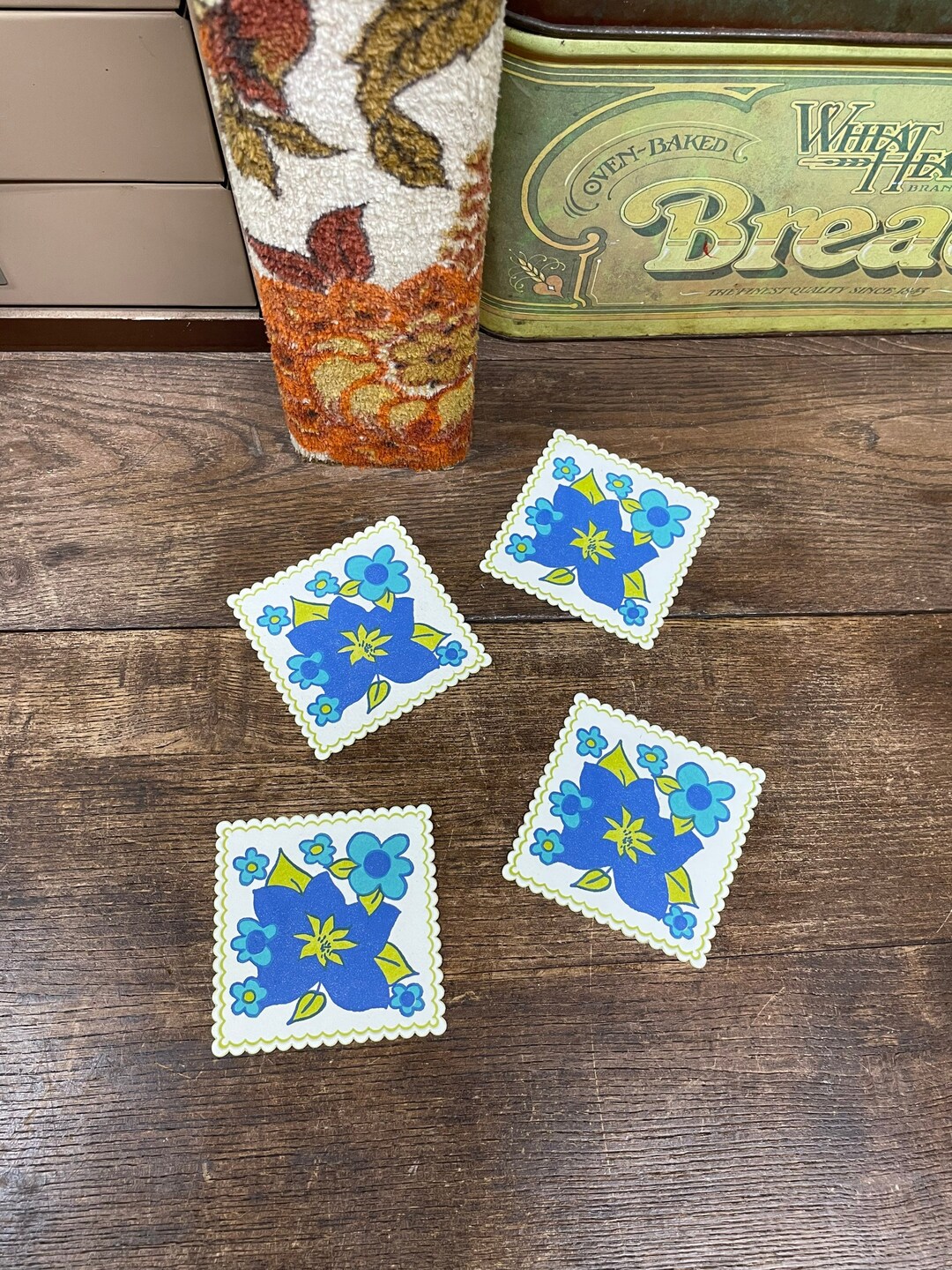Vintage Coasters Paper Thin Cardboard Set of 4 Retro Decor Blue Avocado ...