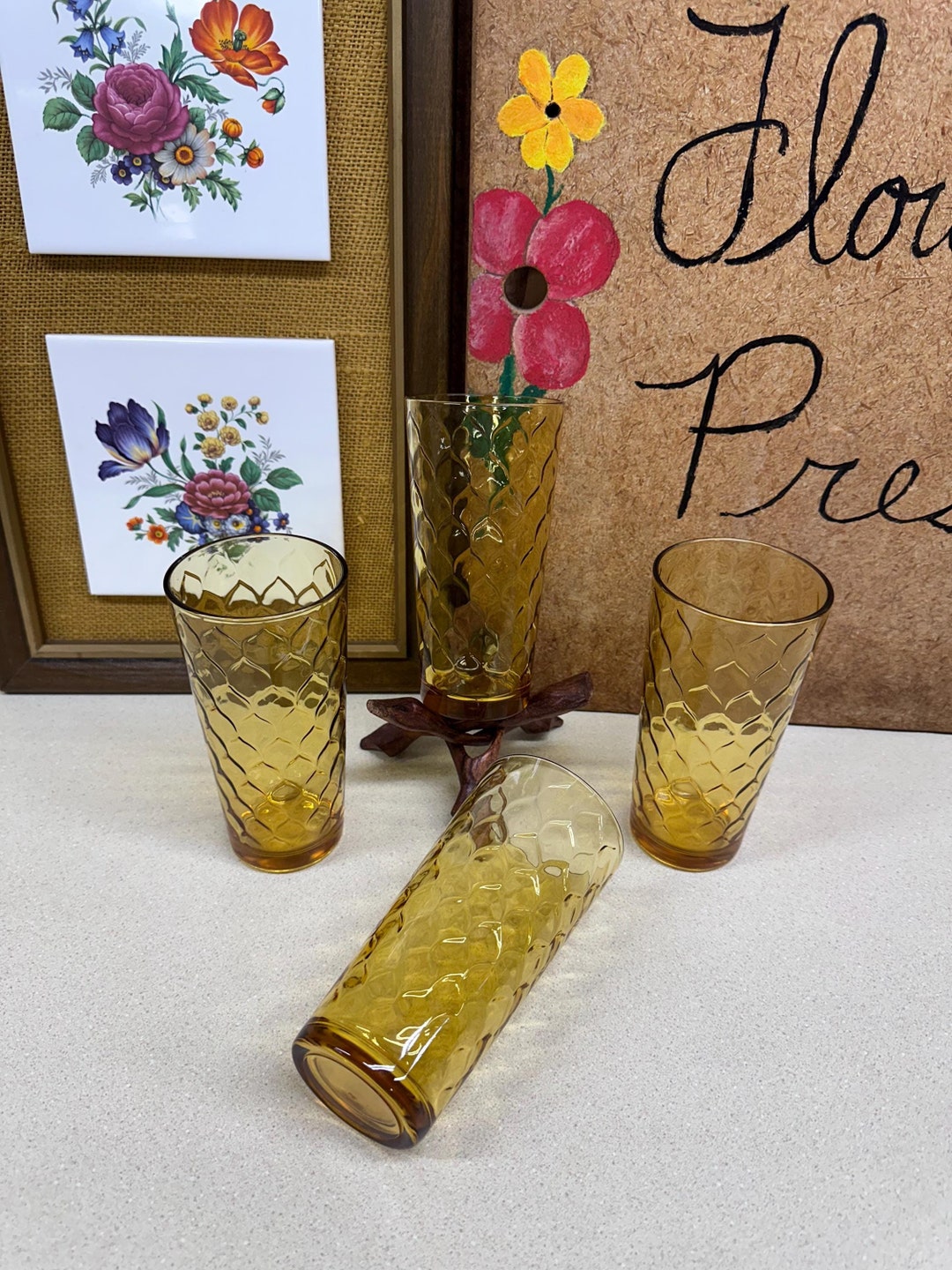 Vintage Tumblers/ Amber Glass/ Fish Tail/ Set of 4/ Retro Kitchen ...