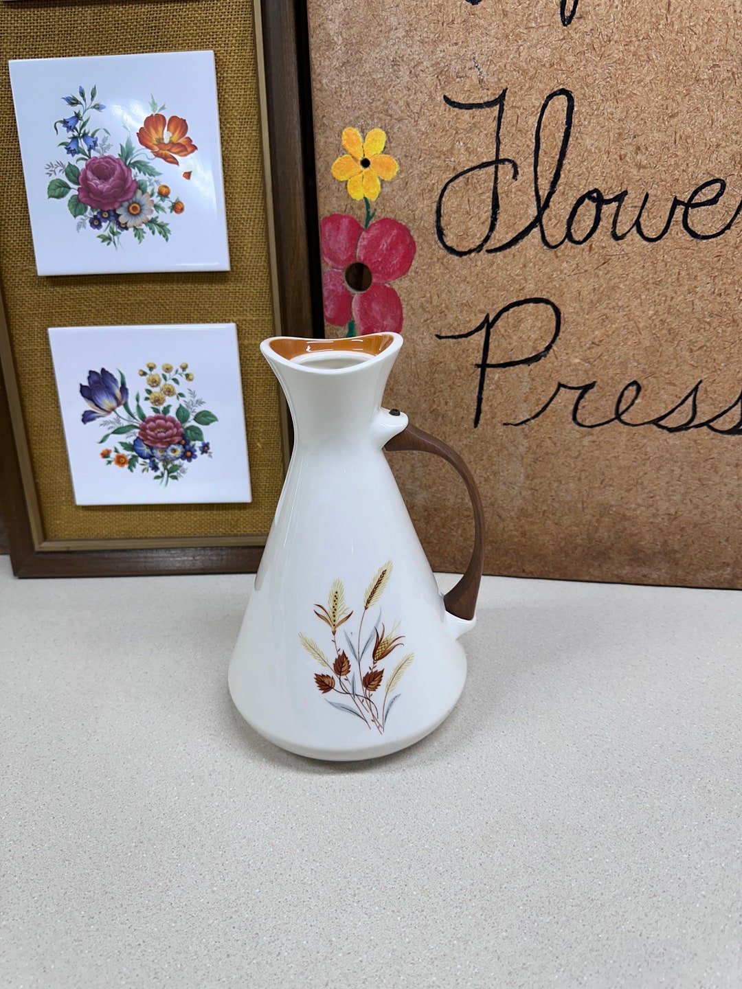 Vintage Kettle Carafe Vase Wheat Teak Wood Handle Natural Decor ...