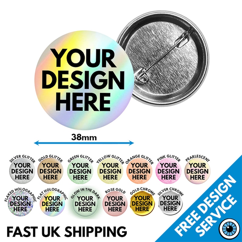 38mm Custom Badges - Premium Finish Glitter • Sparkle • Glow • Bespoke ...