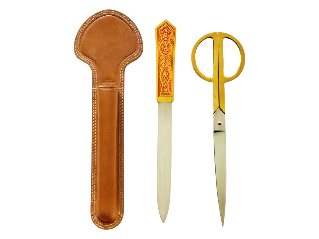 Vtg Desk Set Gold-tone Letter Opener Round Scissors Leather Sheath ...