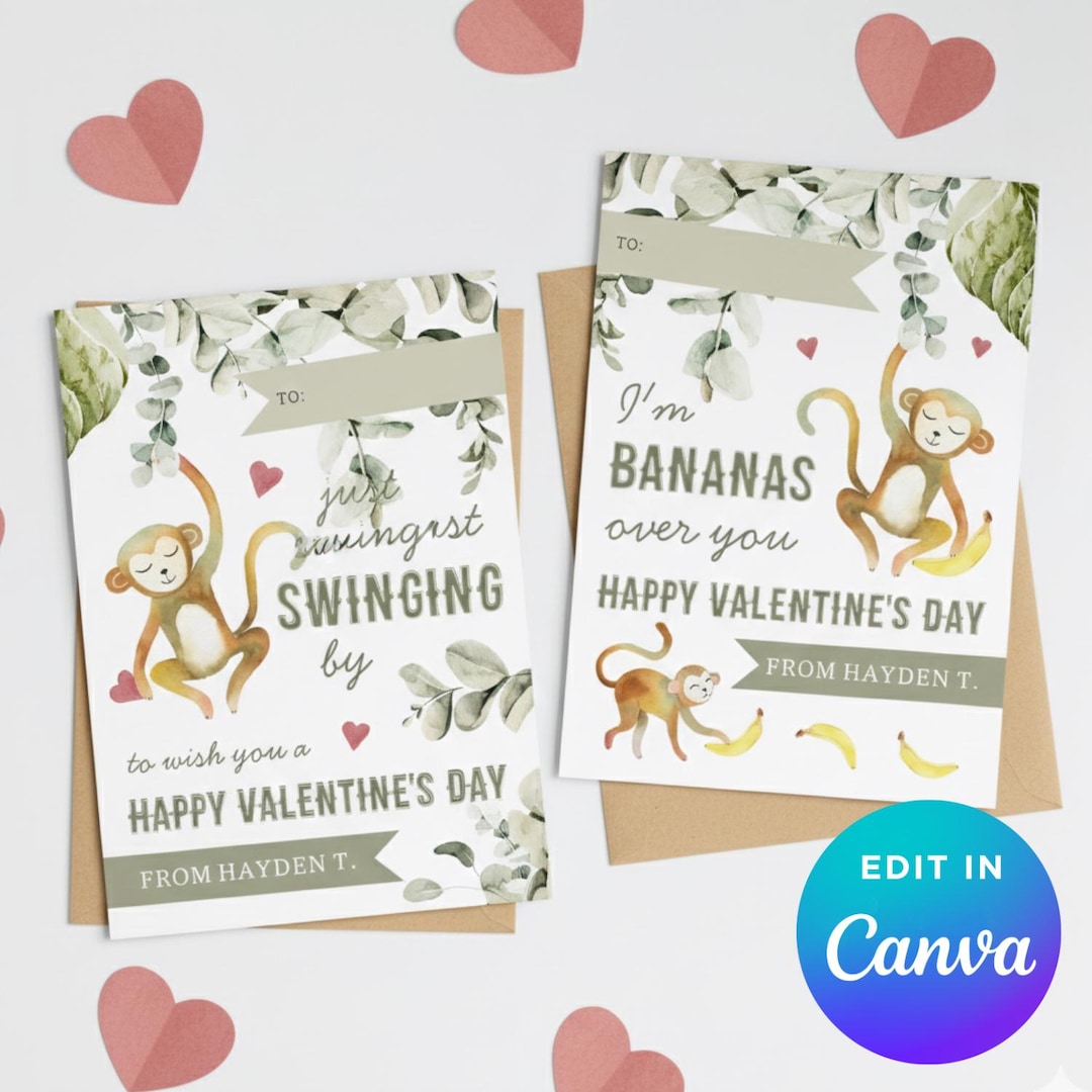 Monkey Valentine Bundle | Kids Classroom Valentines | Canva Template (2 ...