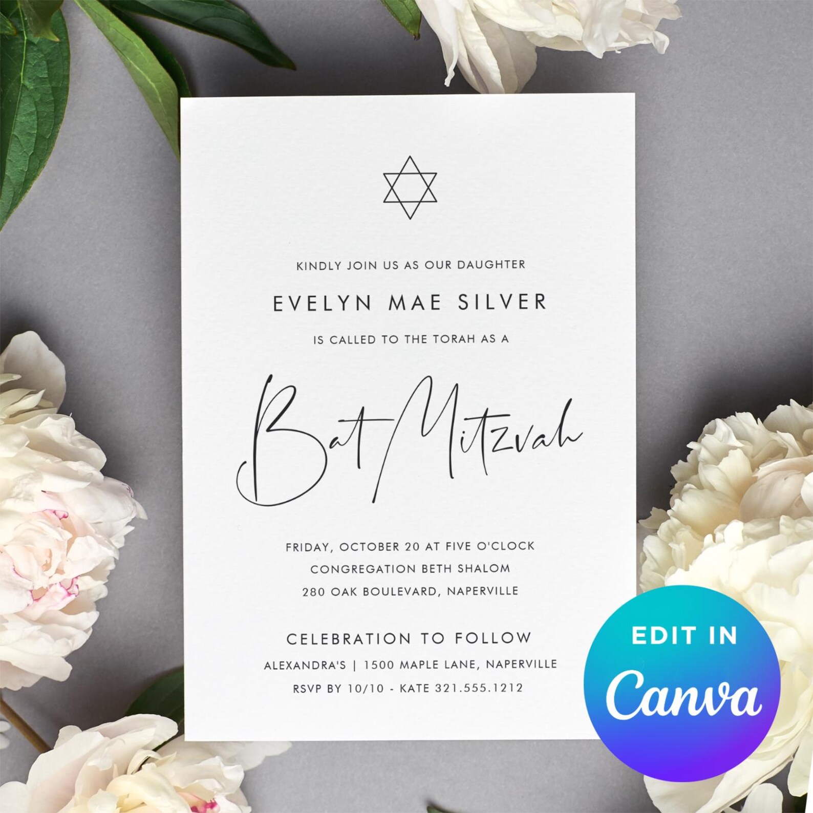 Bat Mitzvah Invitation Template | Modern Black & White Script Invite ...