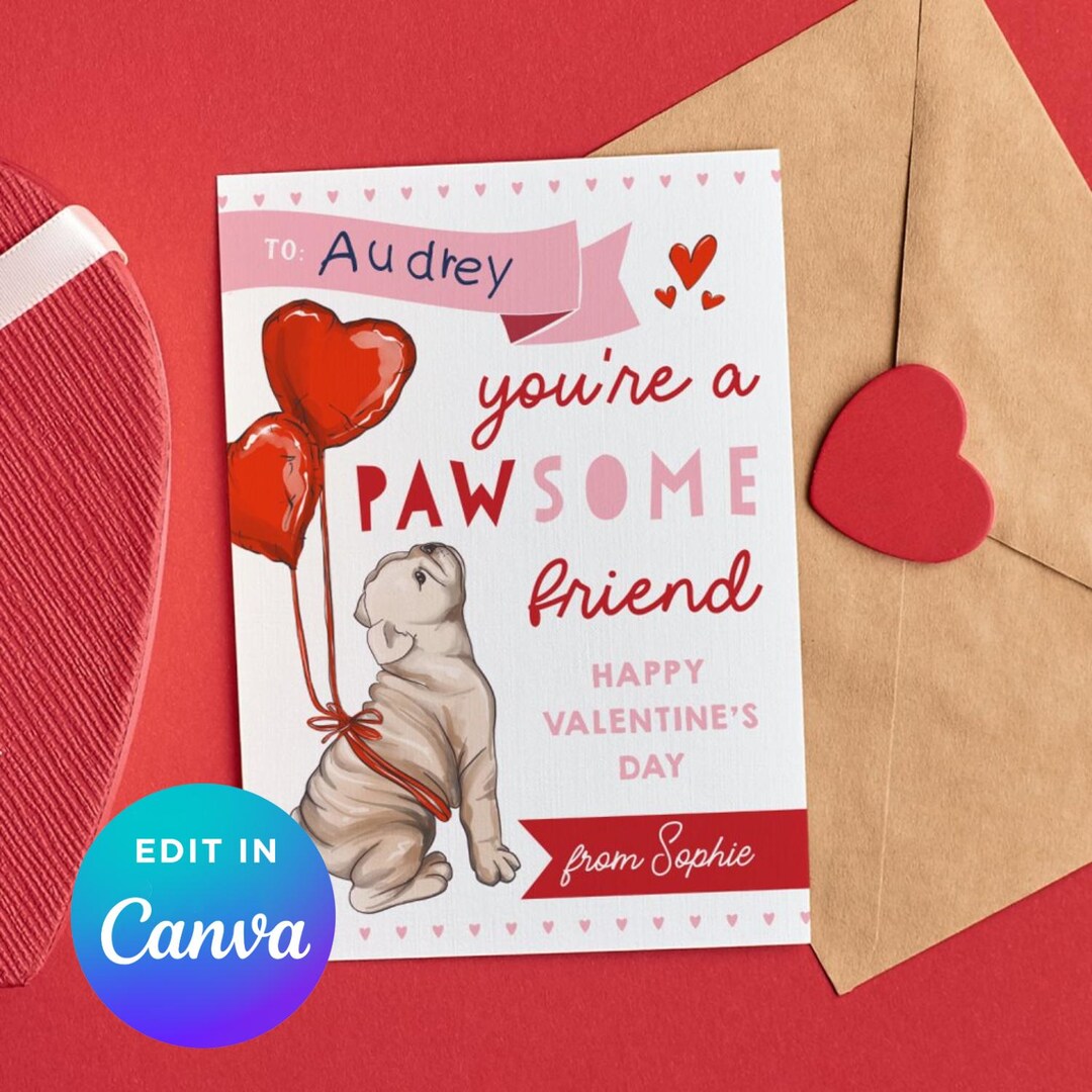 Pawsome Classroom Valentine Card | Editable Canva Dog Printable ...