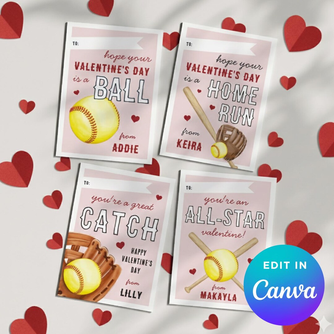 Softball Valentine Bundle for Kids | Sports Classroom Valentines | Softball Team Canva Template ...
