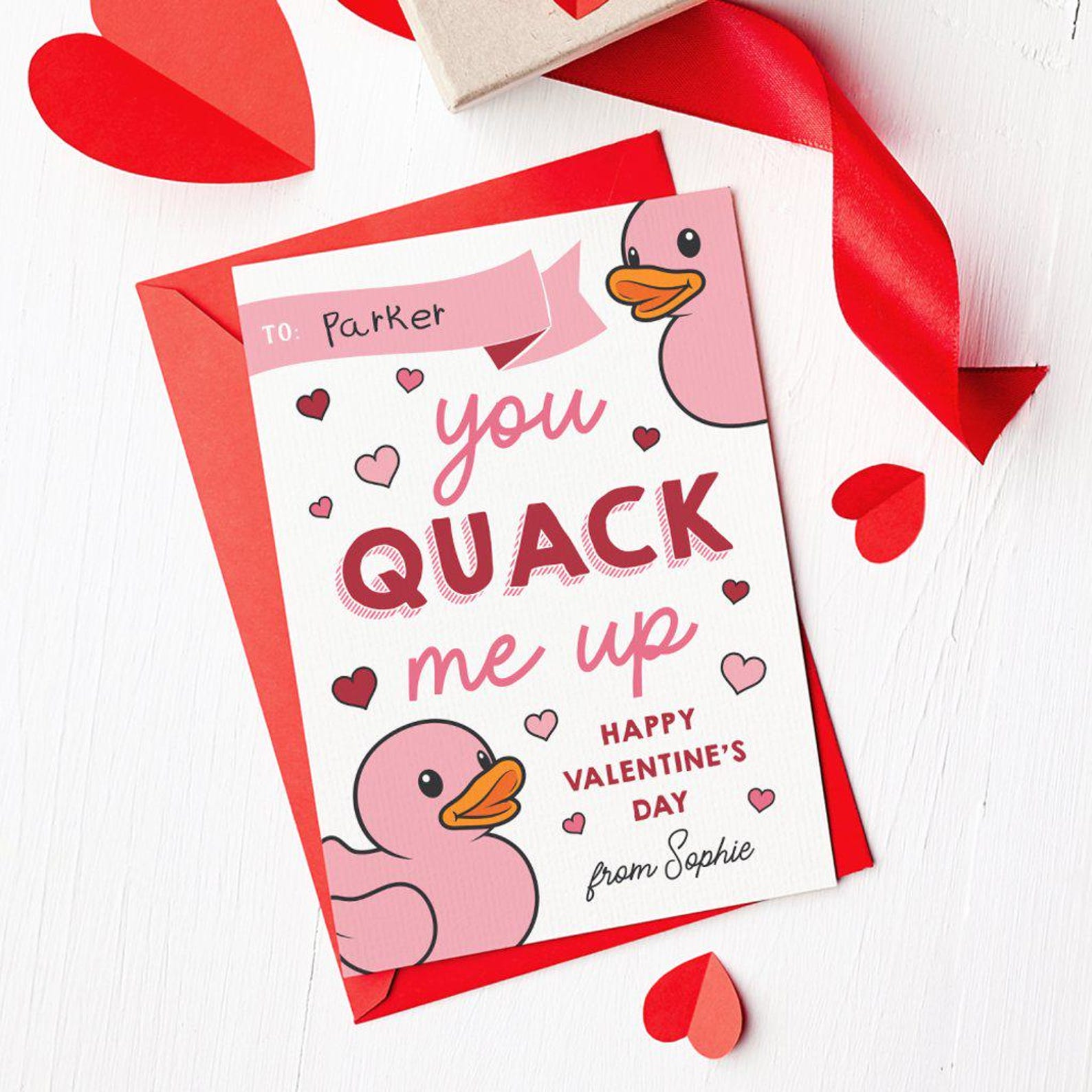 Duck Valentine Cards | “you Quack Me Up” Printable Classroom Canva ...