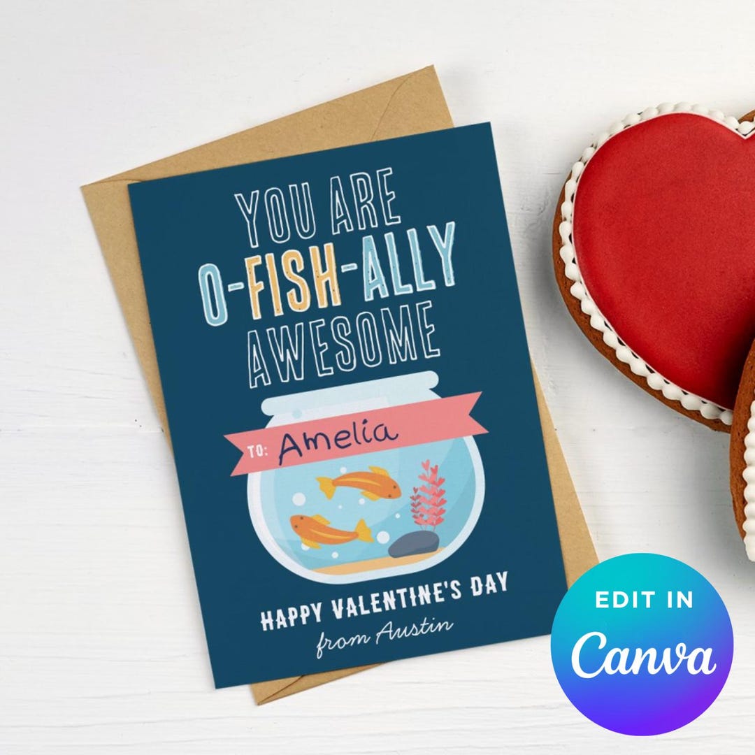 Fish Valentine Card for Kids | Printable Classroom Valentines, Canva ...