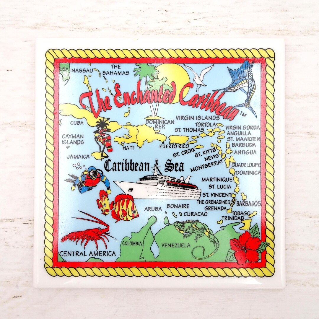 Caribbean Souvenir Tile With Island Names Sea Life and Adventures, the ...