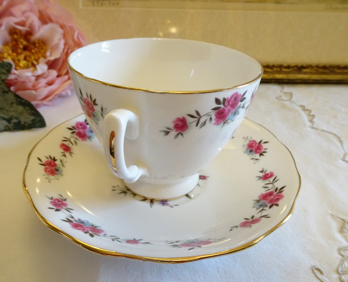Queen Anne Pink Rose Tea Cup and Saucer, Pink Rose Bordered English ...